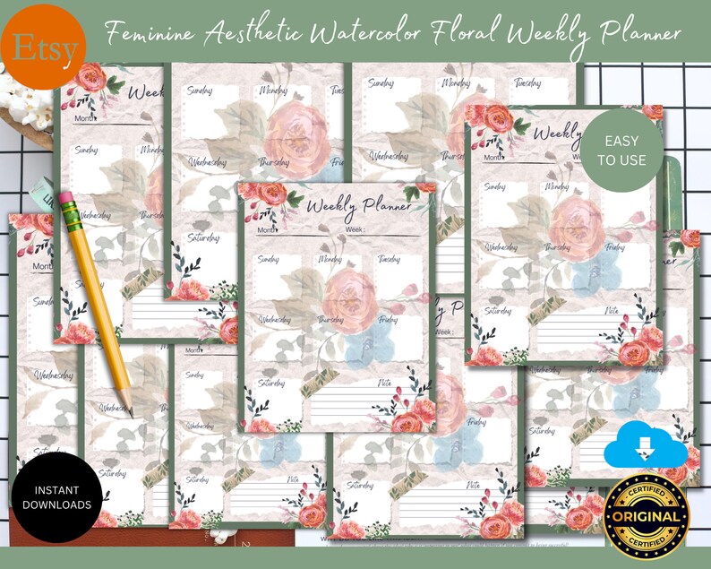 Pastel Feminine Aesthetic Watercolor Floral Weekly Planner, Weekly ...