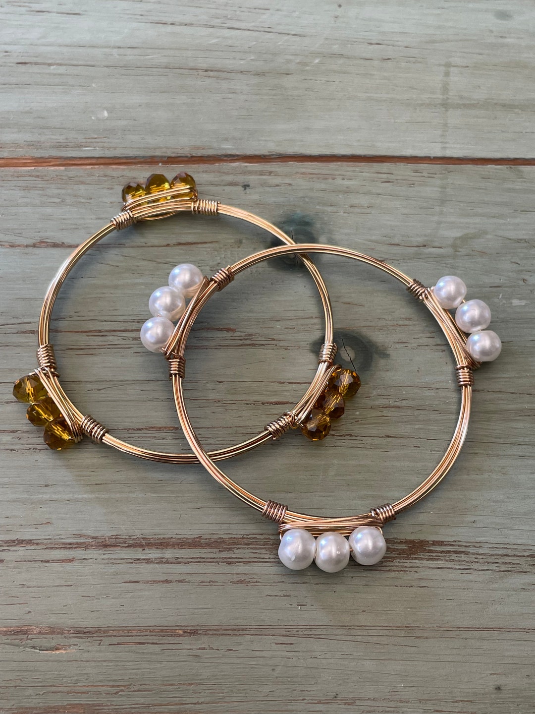 Beaded Gold Wire Wrapped Bangle Bracelets - Etsy