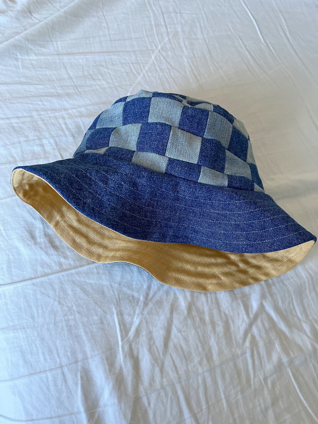 Denim Bucket Hat, Reversible Bucket Hat, Denim Checkered Bucket Hat, Denim Patchwork Bucket Hat ...
