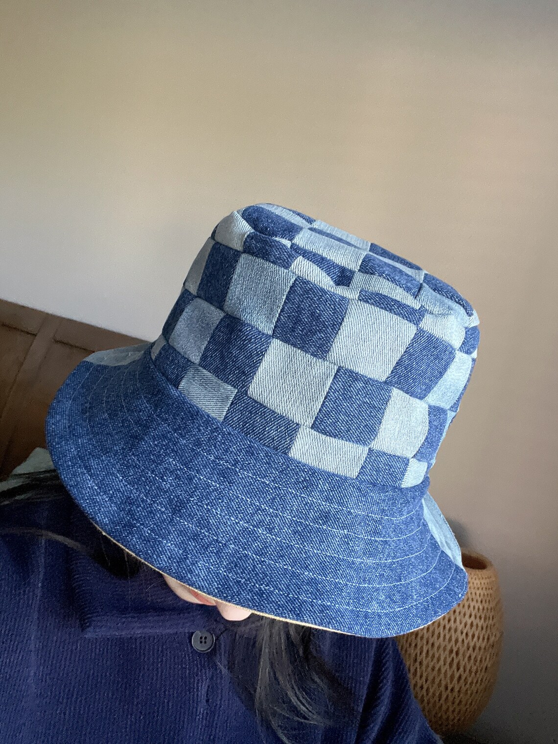 Denim Bucket Hat, Reversible Bucket Hat, Denim Checkered Bucket Hat, Denim Patchwork Bucket Hat ...