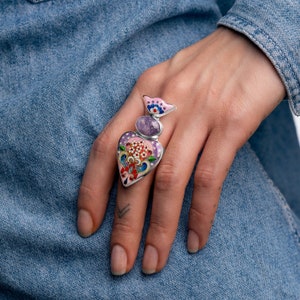 Sterling Silver Green Agate & Bluebird Ring - Adjustable Cloisonné ...