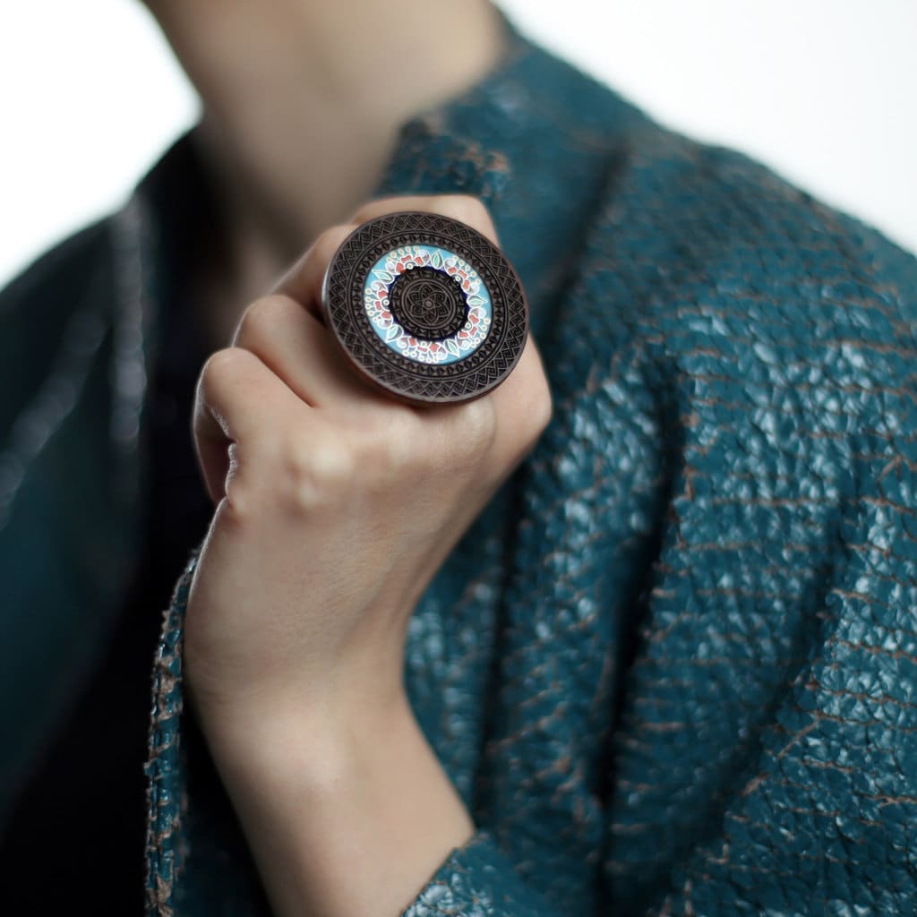 Nature-inspired Walnut Wood & Cloisonné Enamel Statement Ring With ...