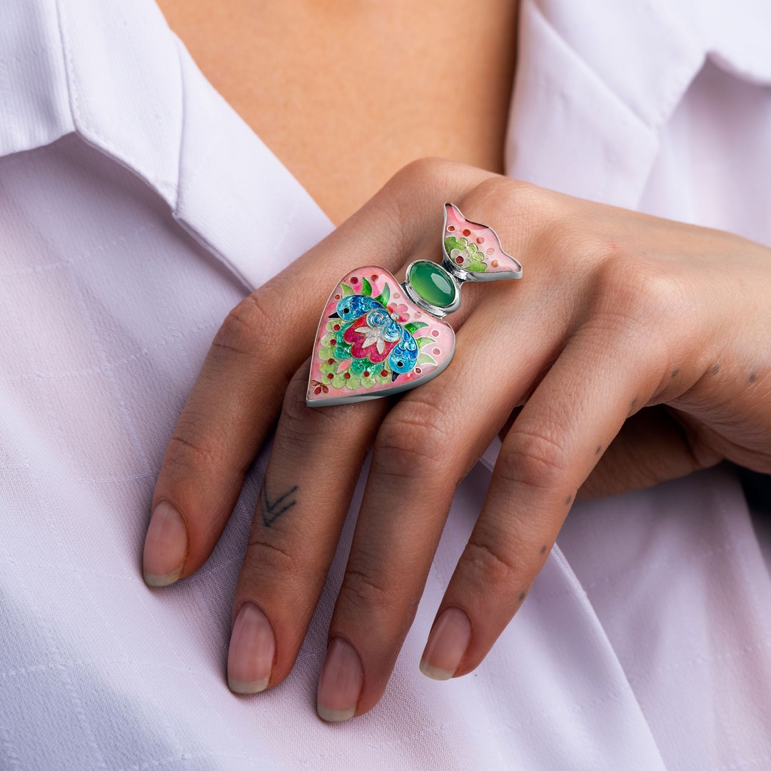 Sterling Silver Green Agate & Bluebird Ring - Adjustable Cloisonné ...