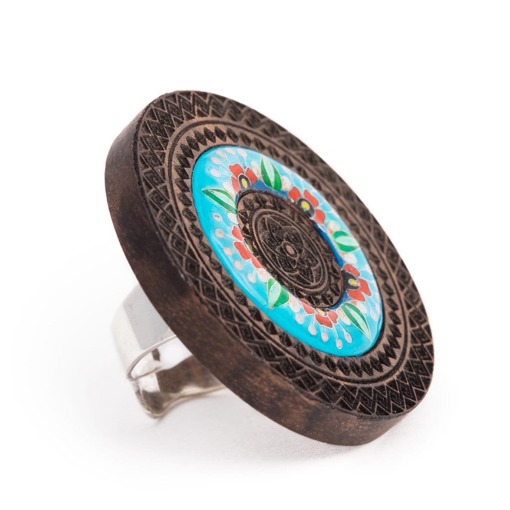 Nature-inspired Walnut Wood & Cloisonné Enamel Statement Ring With ...