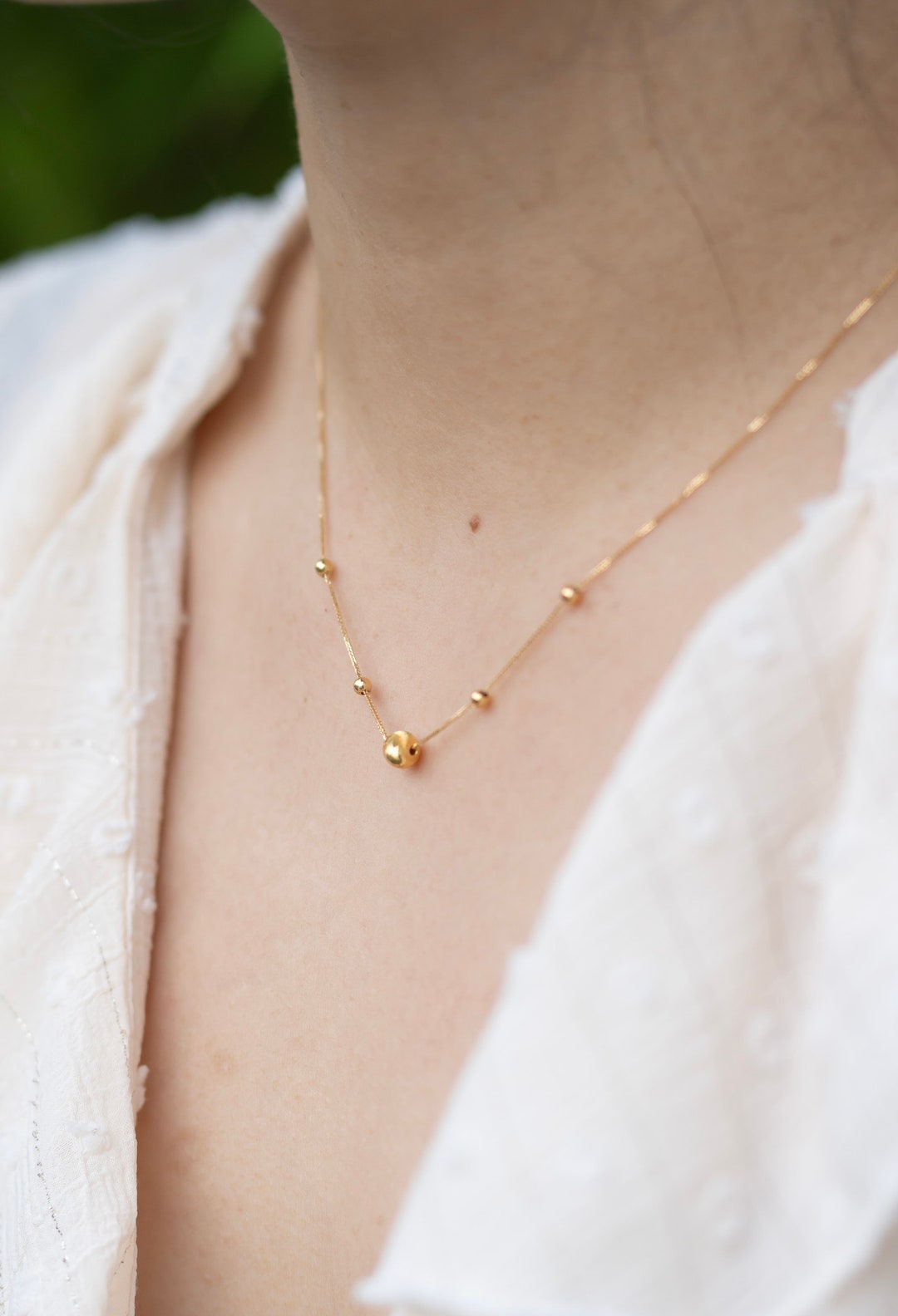 Real 18K Solid Gold Beaded Necklace, Unique Ladies Necklace, Valentine ...
