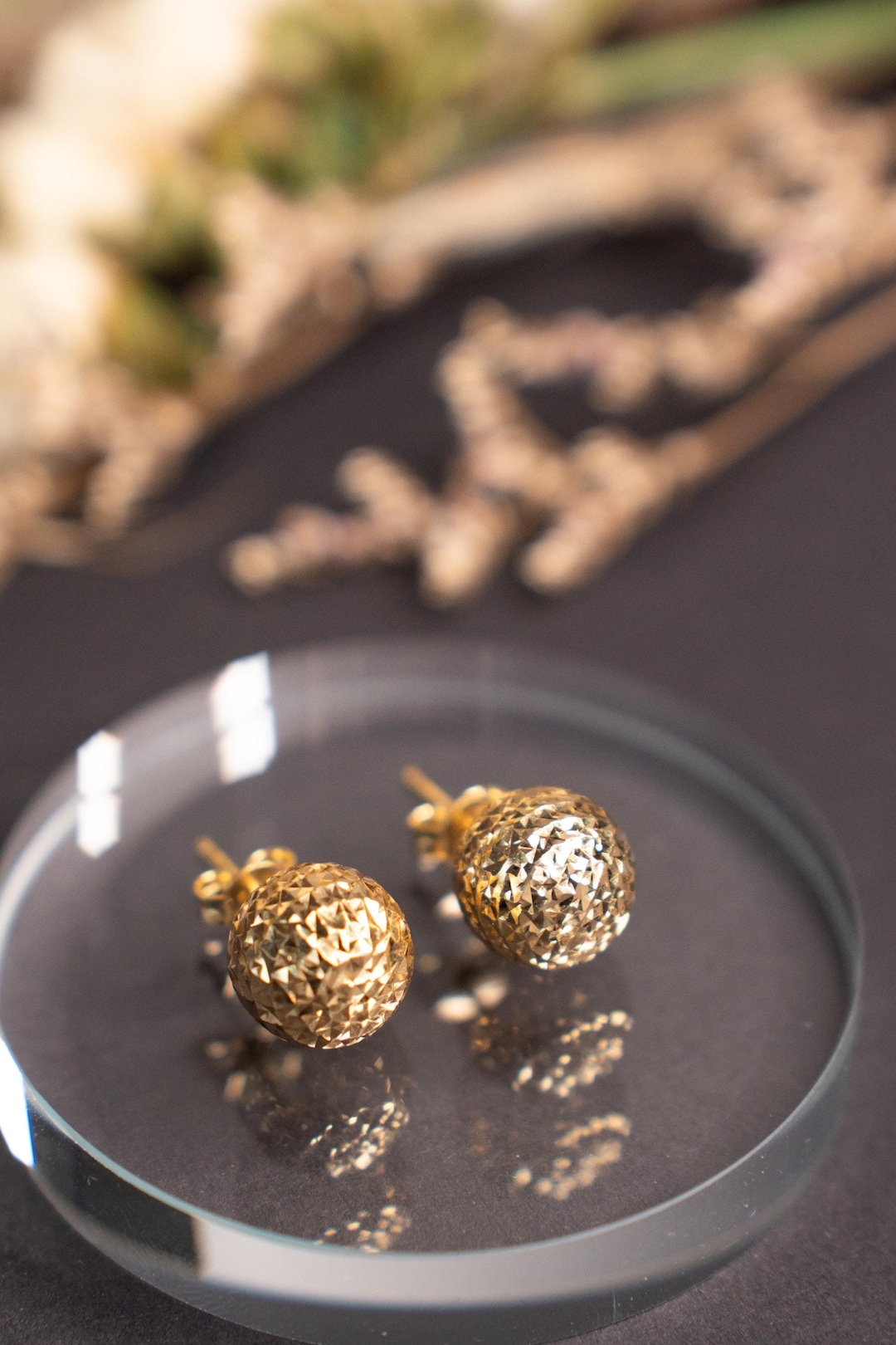 18K Solid Gold Ball Stud Sparkly Earrings, 10mm, Christmas Gift ...