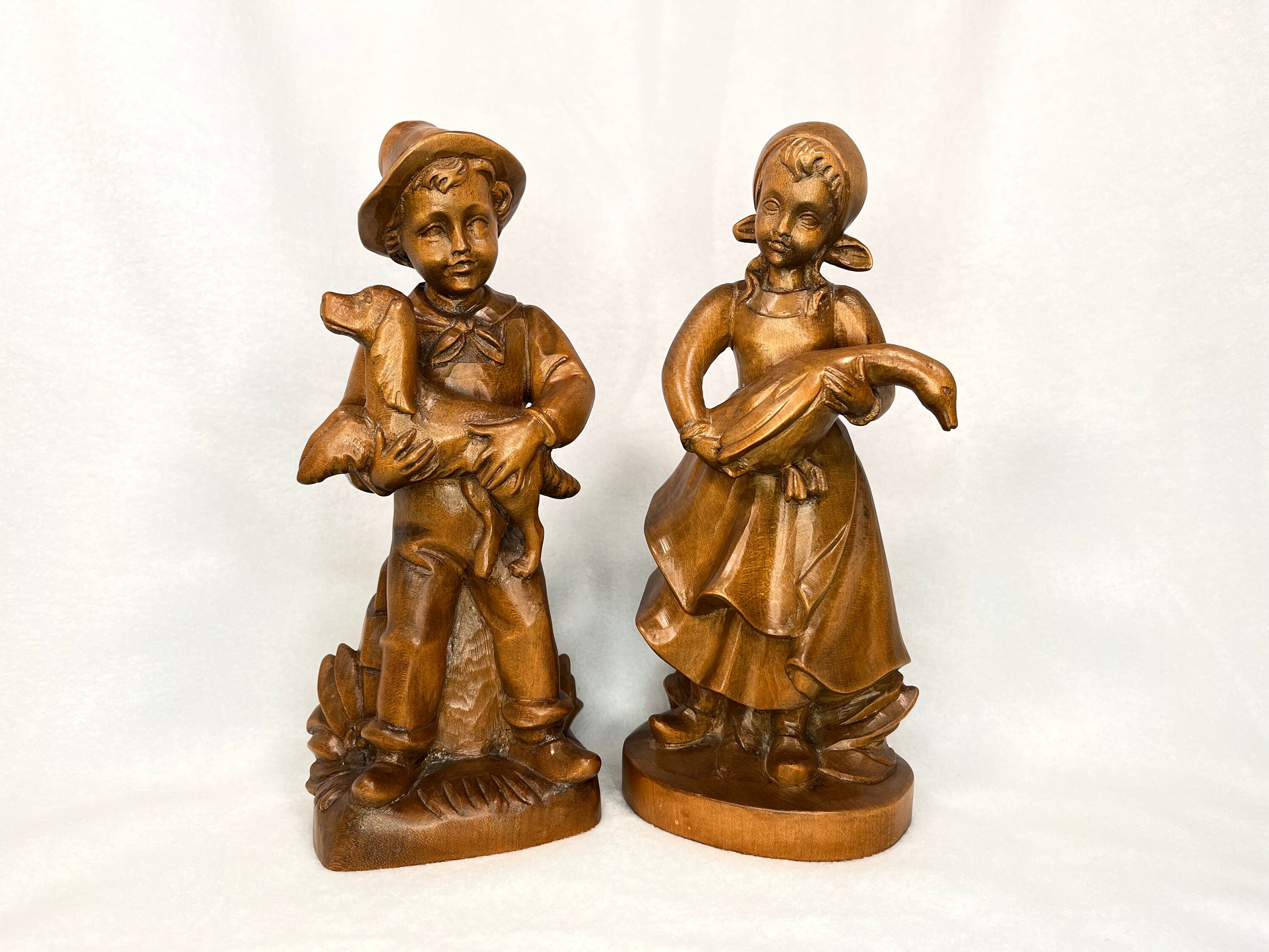 Original Signed German Ernst Huber Hand Carved Wooden Goose Girl and ...