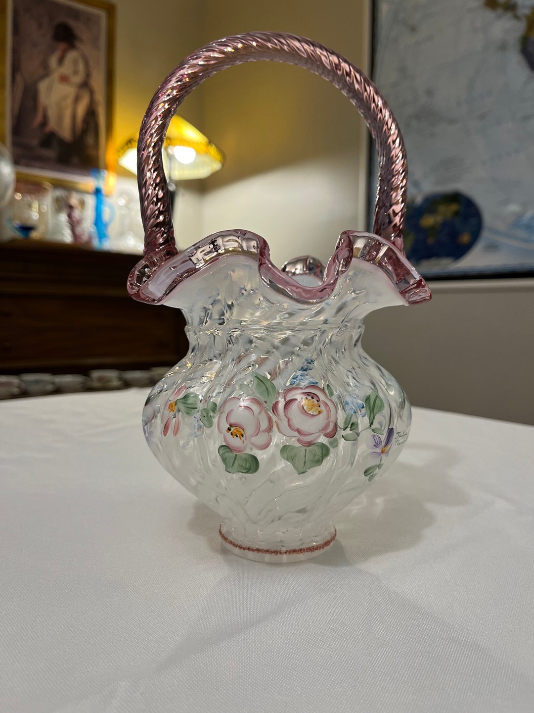Fenton Opalescent Hand Painted Basket Signed Bill Fenton - Etsy