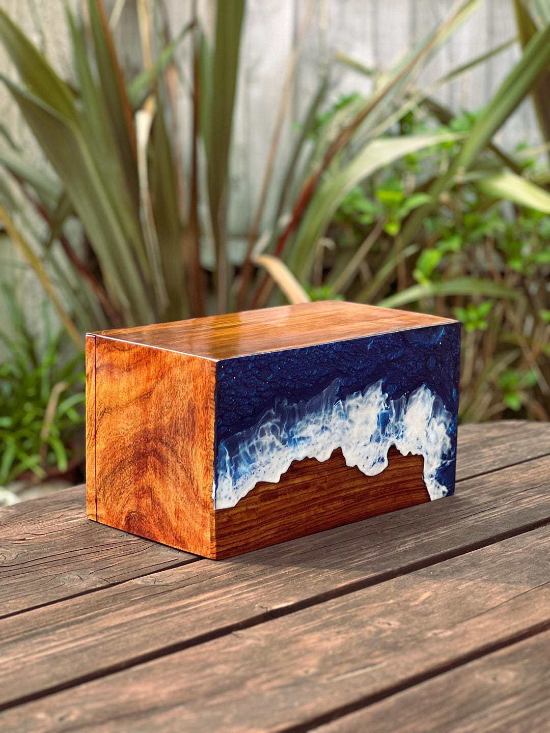 Handmade Ocean Wave Urn Box | Wood & Resin Ashes Keepsake | Engraved ...