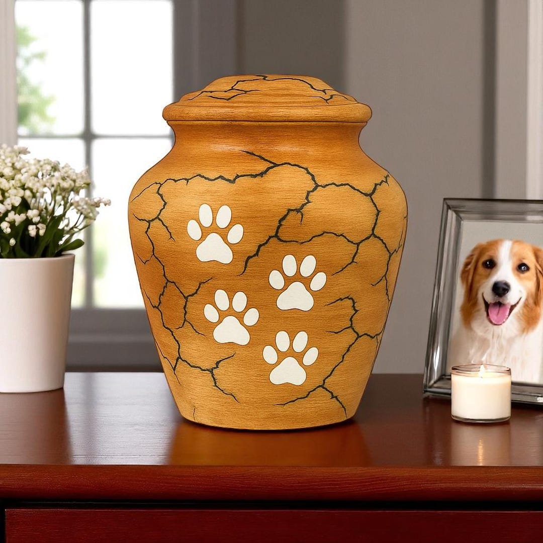 Handcrafted Wooden Pet Urn | White Paw Prints, Cracked Design - Etsy