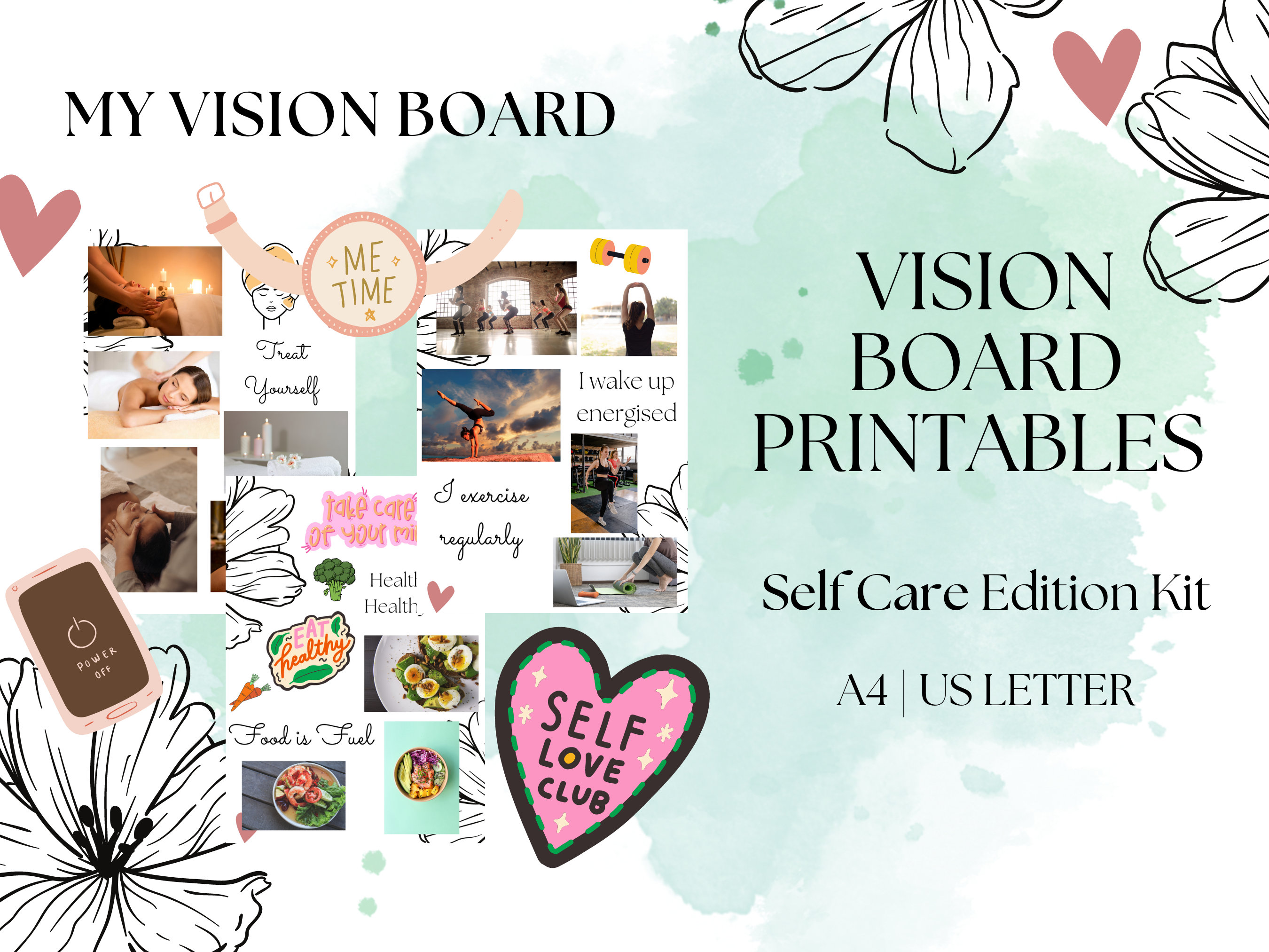 Vision Board Printables, Self Care Edition, Manifestation Kit, Digital ...