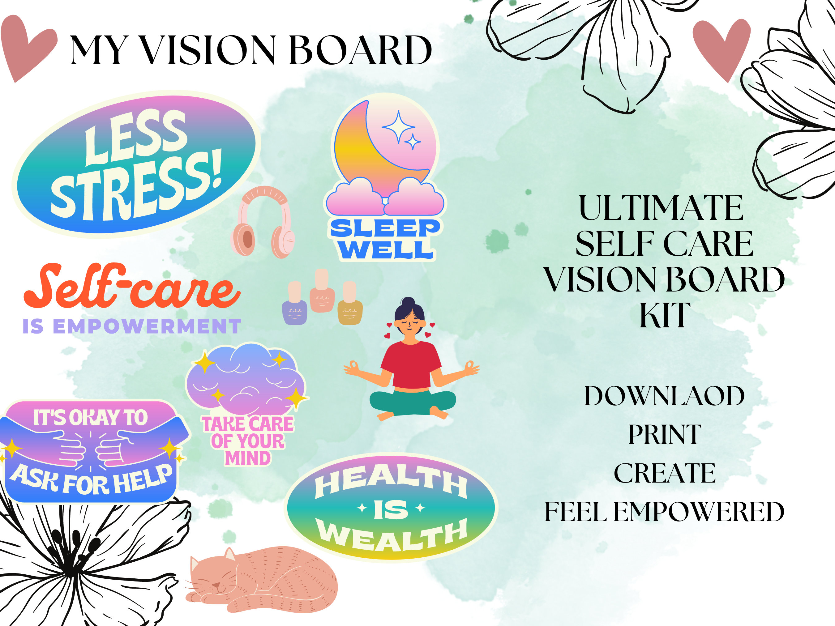 Vision Board Printables Self Care Edition Manifestation Kit Digital