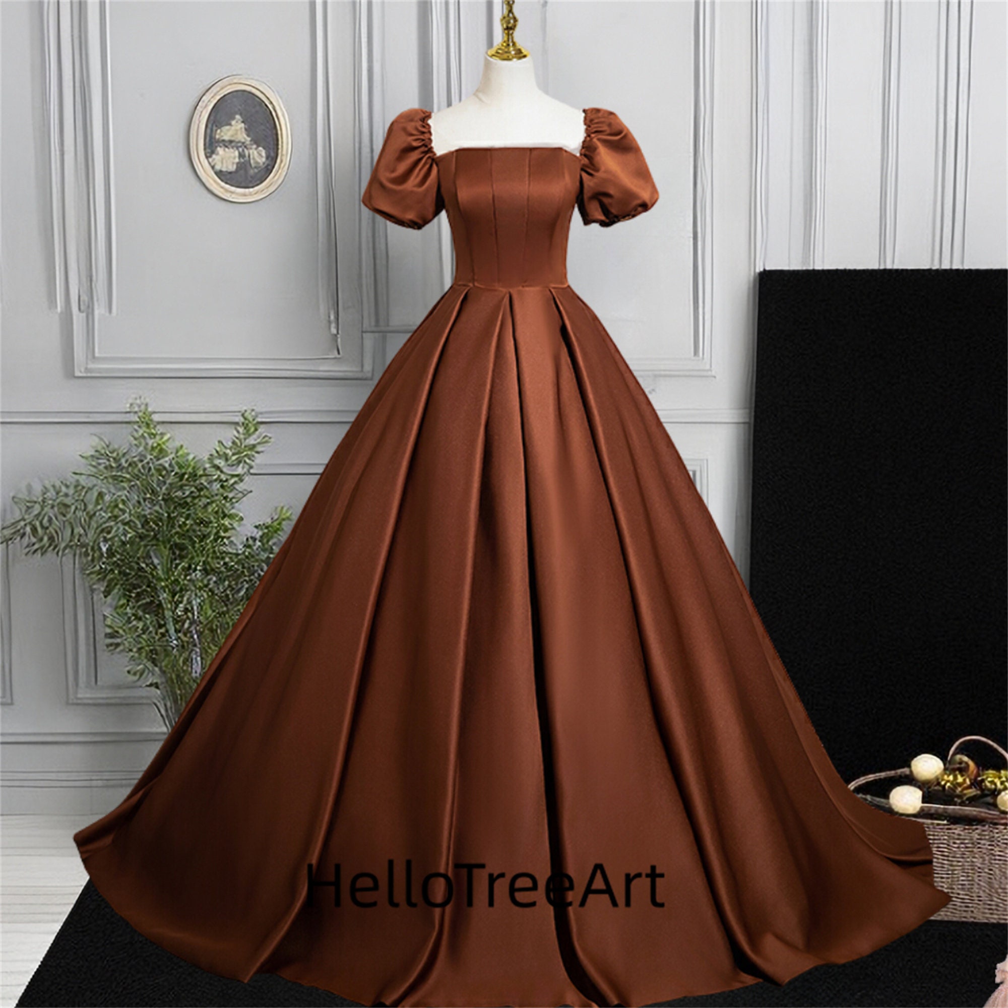 Dark Brown Prom Dress, Off-the-shoulder Gown Dress, Puffy Sleeve Dress ...