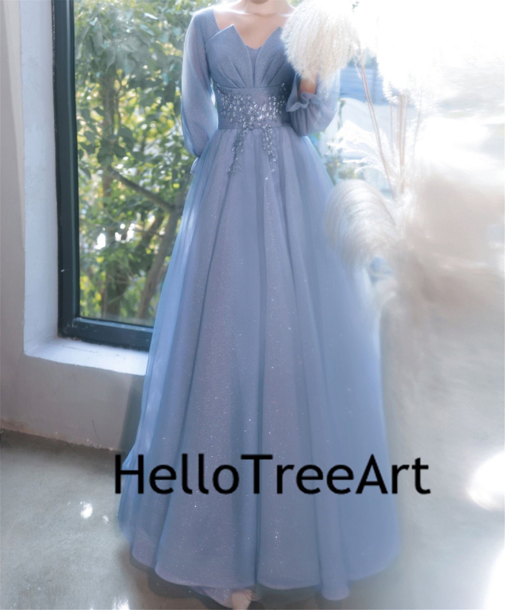 Long Sleeve Prom Dress Blue Gown Dress Shiny Prom Dress With - Etsy