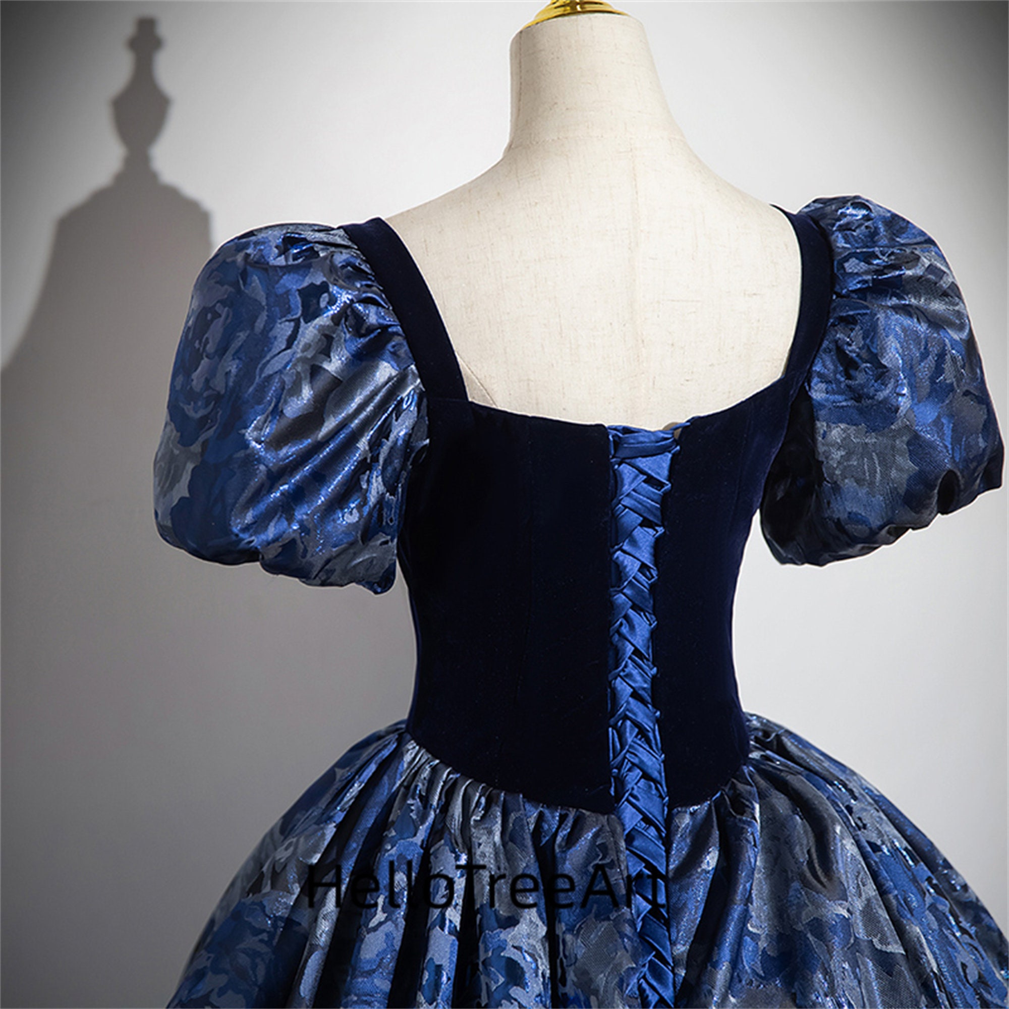 Dark Blue Prom Dress, Floral Satin Gown Dress, Ball Gown, Formal Prom ...