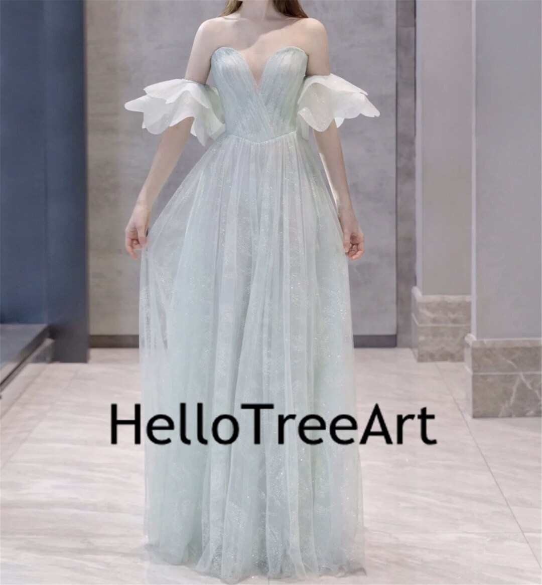 Sparkling Prom Dress, Off-the-shoulder Fairy Gown Dress, Cyan-blue Prom Dress, V-neckline Gown ...