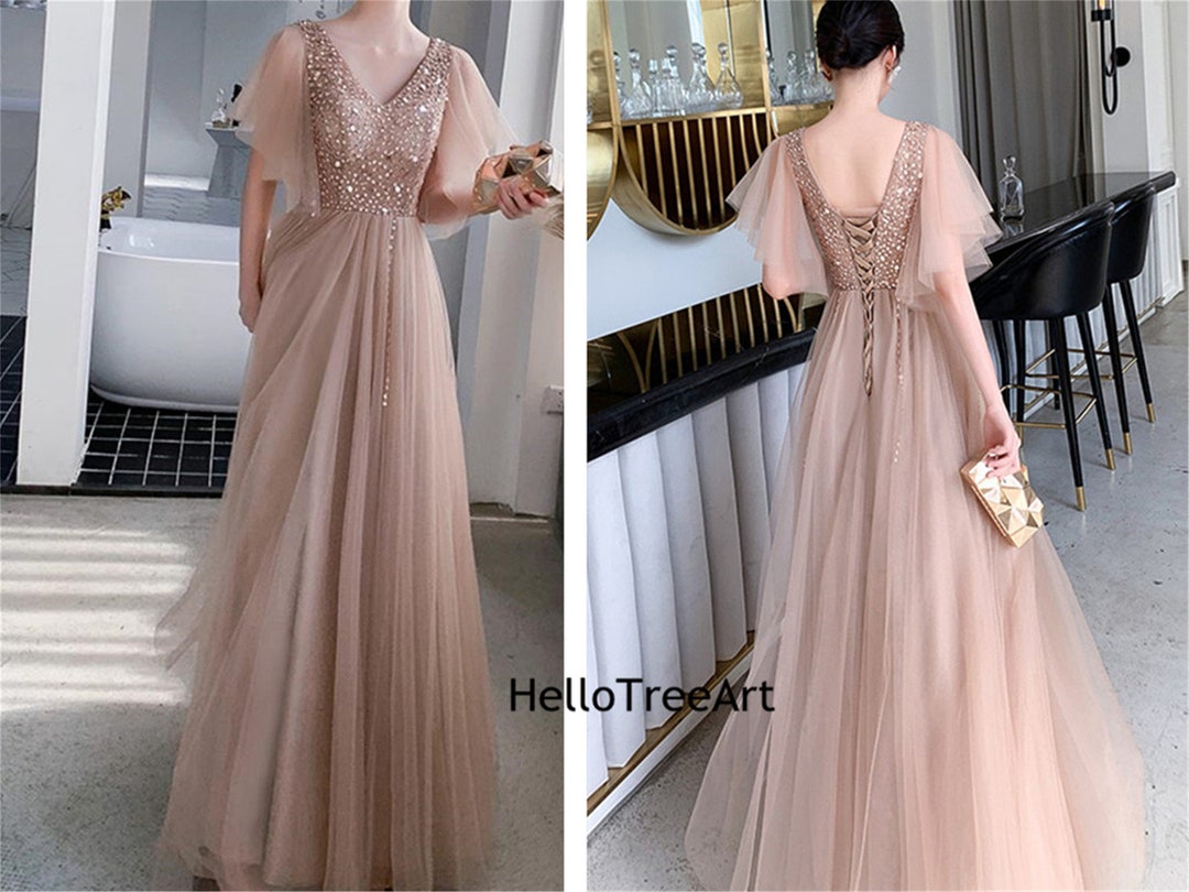Champagne Prom Dress, With Short Tulle Sleeve, V-neck Floor Dress ...