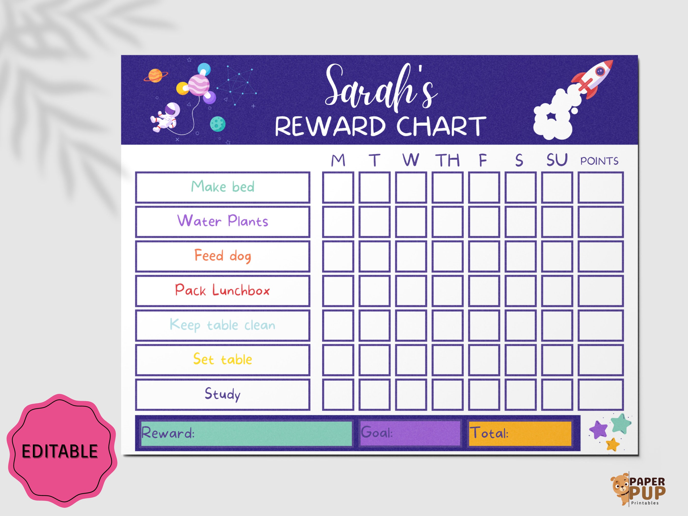 Editable Space Reward Chart, Printable Space Behavior Chart, Daily ...