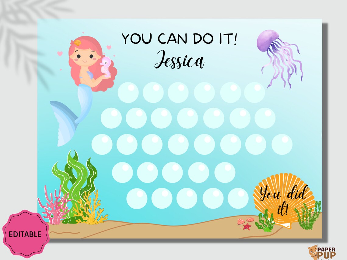 Editable Mermaid Potty Training Chart, Printable Rainbow Behavior Chart ...