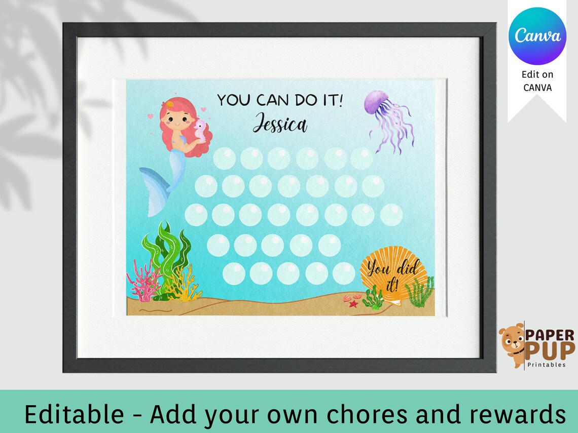 Editable Mermaid Potty Training Chart, Printable Rainbow Behavior Chart ...