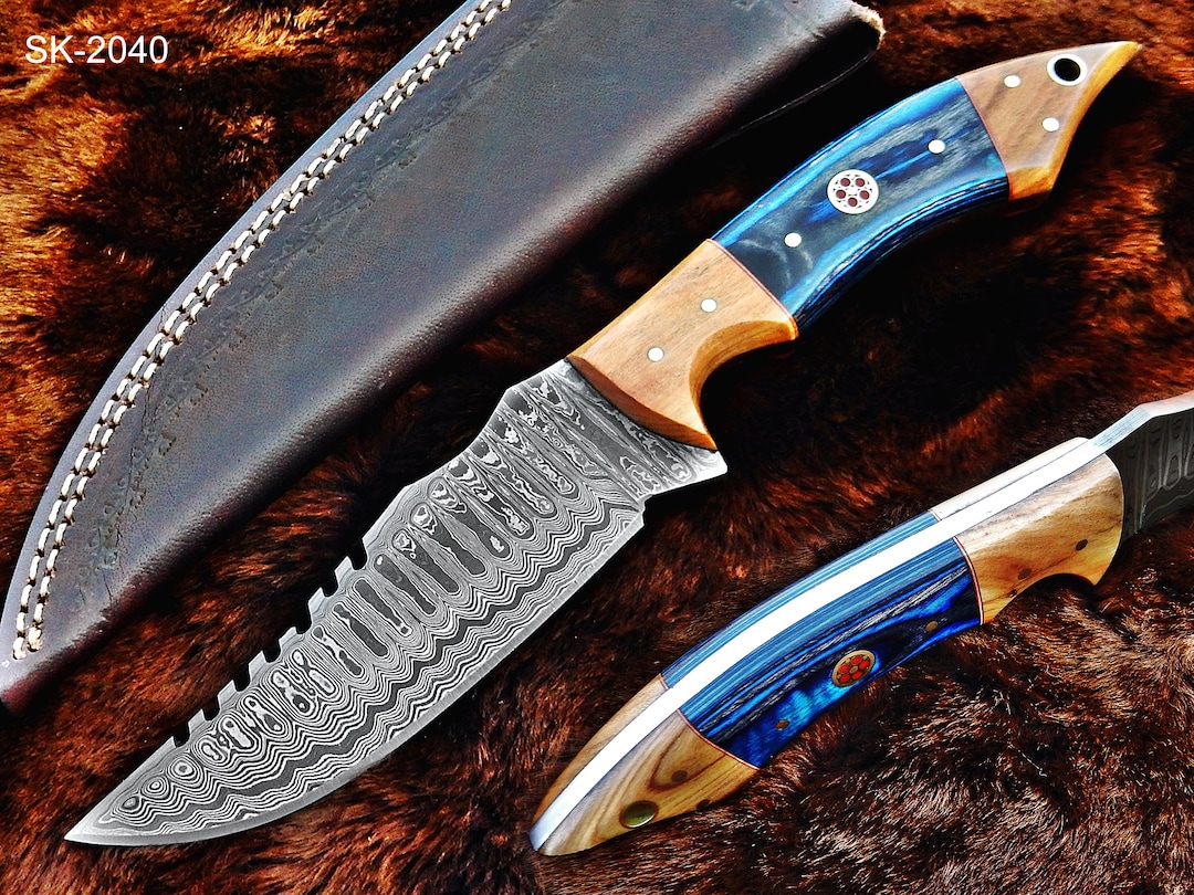 Handmade Damascus Skinner Knife: File Work Design, Wood Handle - Etsy