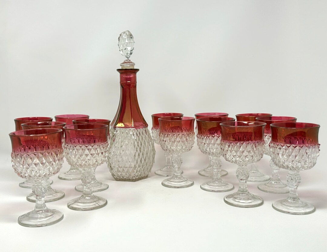 Vintage King's Crown Diamond Point Decanter and Goblets (A Set of 16 ...