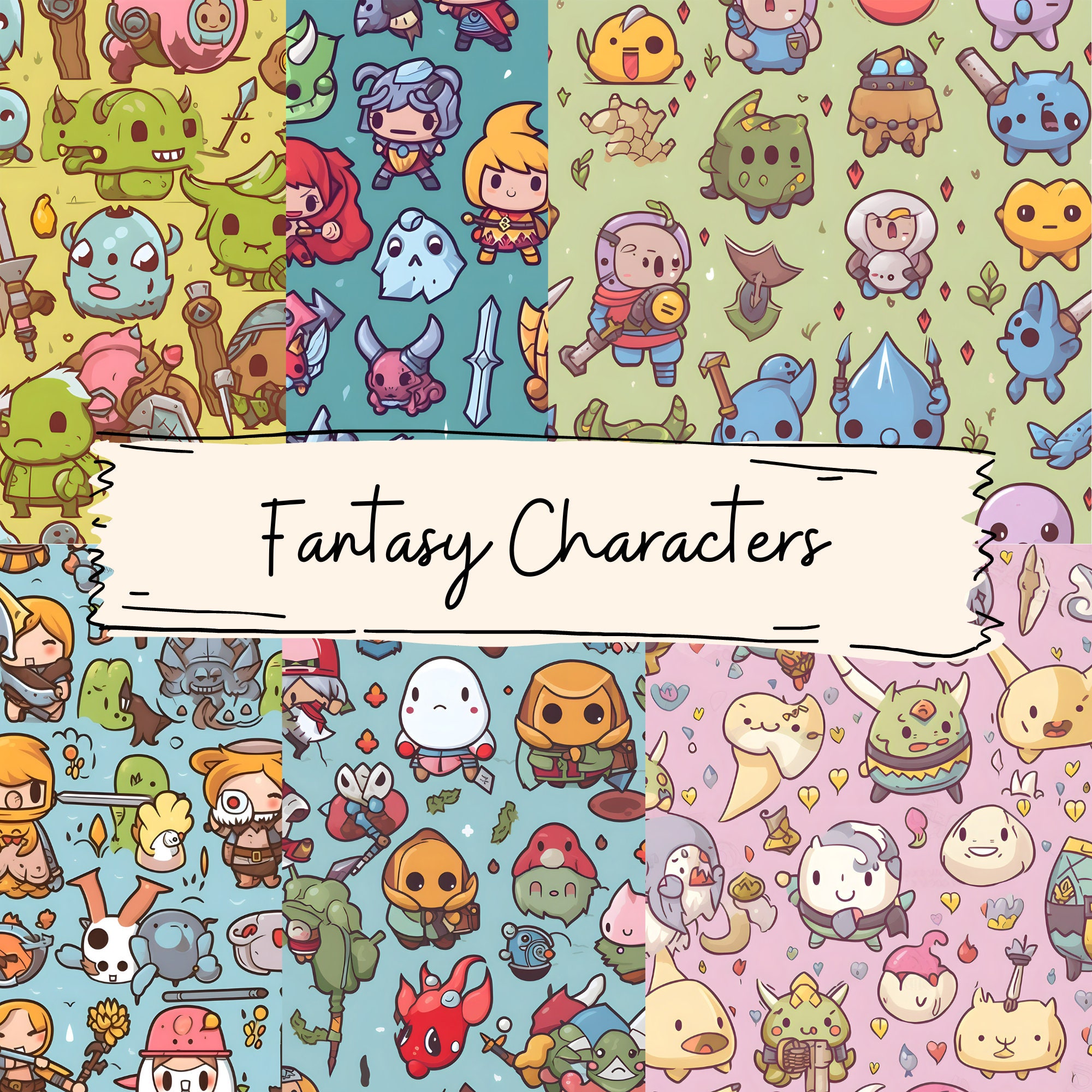 Fantasy Characters Pattern Digital Paper, Seamless Pattern, Junk ...