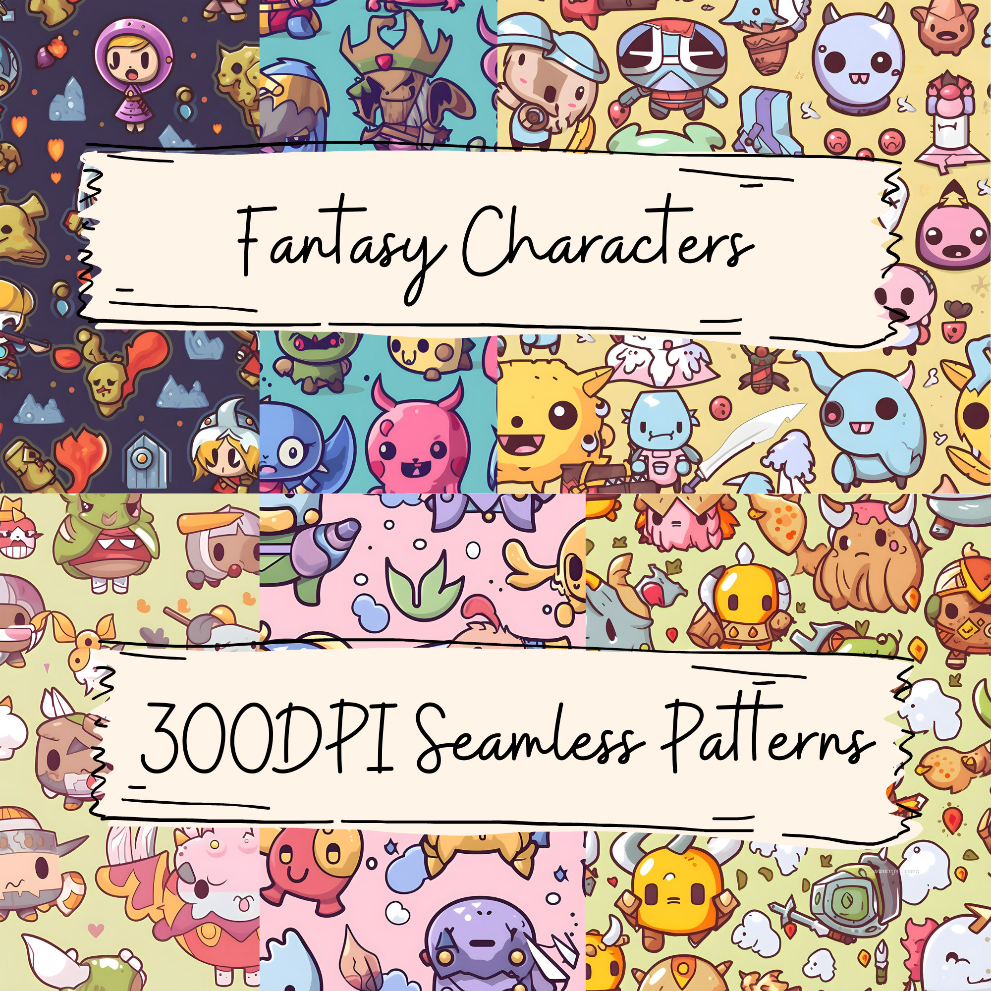 Fantasy Characters Pattern Digital Paper, Seamless Pattern, Junk ...