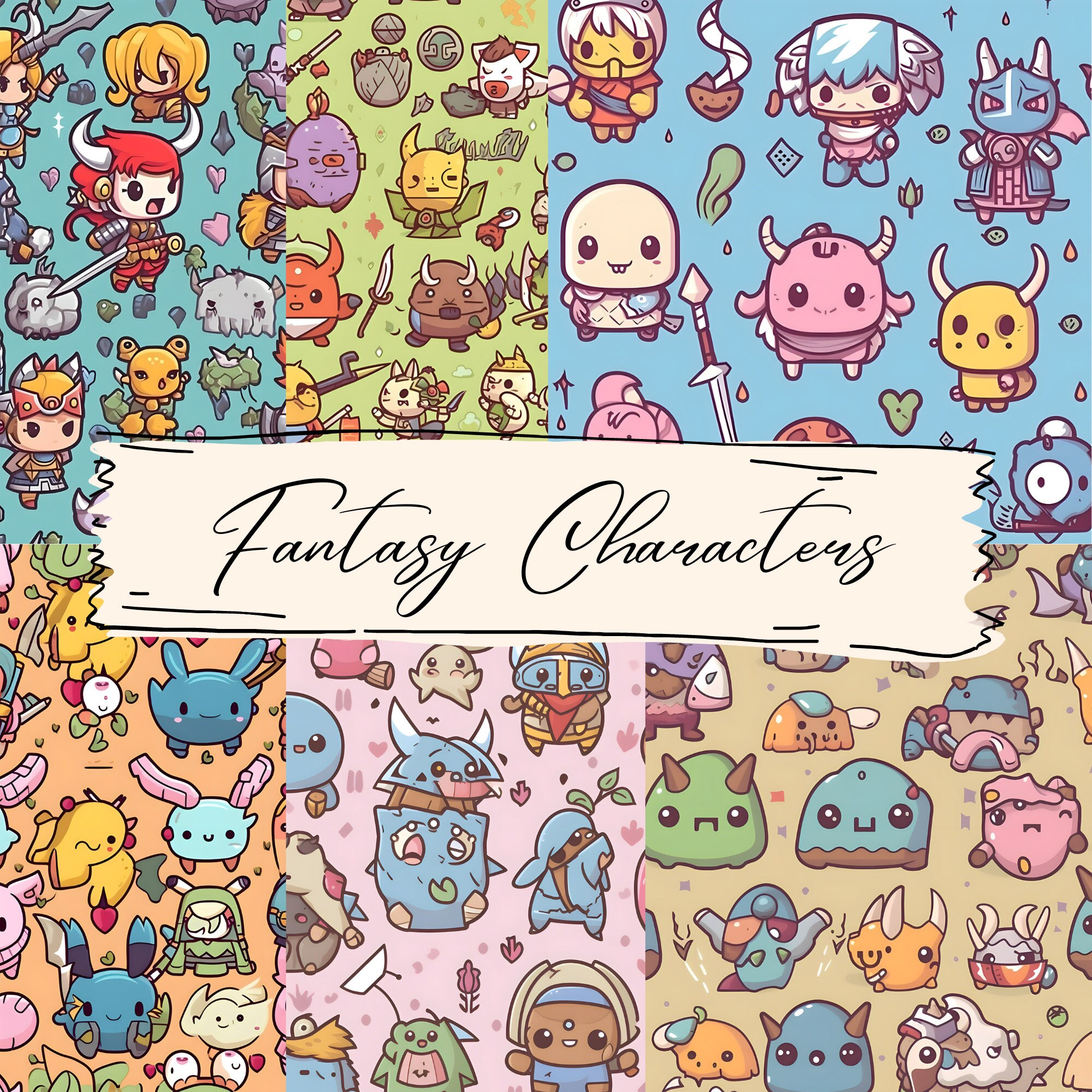 Fantasy Characters Pattern Digital Paper, Seamless Pattern, Junk ...