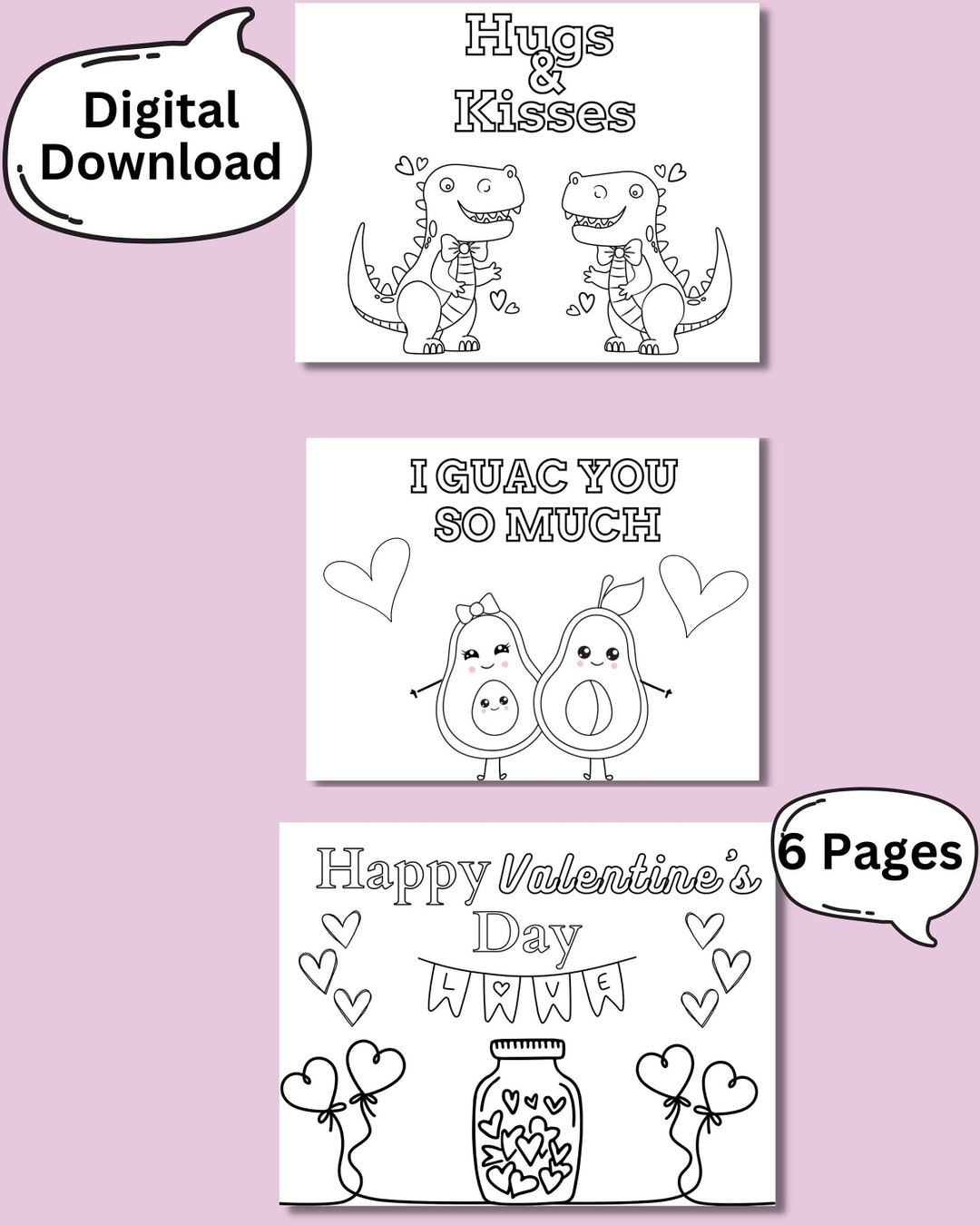 Valentine's Day Coloring Pages, Set of 6 Printable Coloring Pages ...