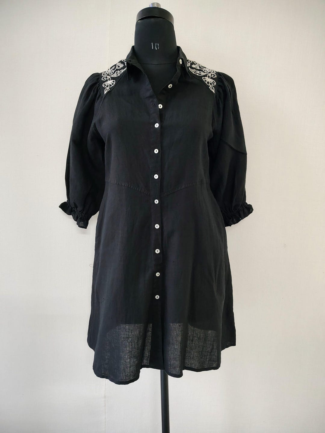 Black Embroidered Cotton Linen Sundress: Mini Button Front Dress - Etsy