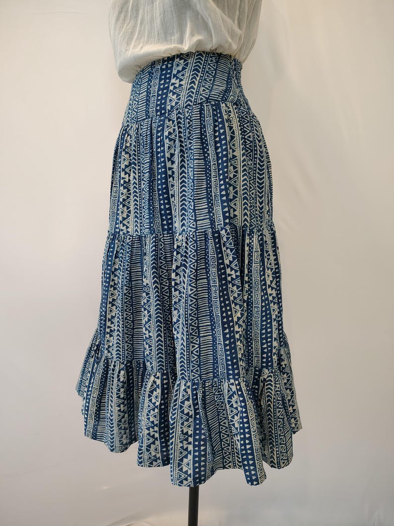 Indigo Block Print Cotton Midi Skirt: Handmade Tiered Summer Dress - Etsy