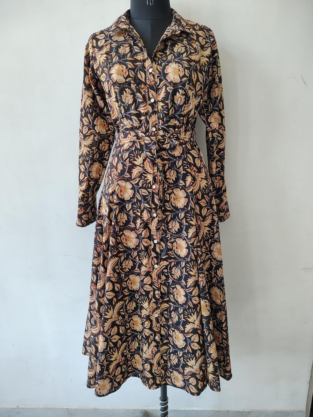 Black Floral Block Print Cotton Dress : Boho Shirt Style Midi X-mas ...