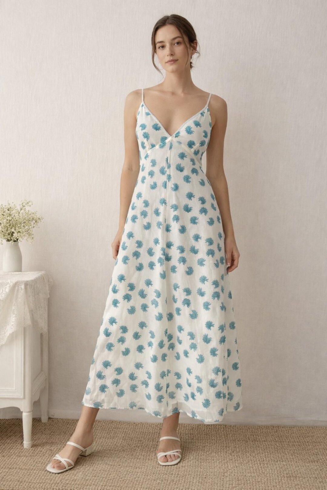 Ivory Cotton-silk Sundress, Block Printed Midi Dress, Boho Beach Dress ...