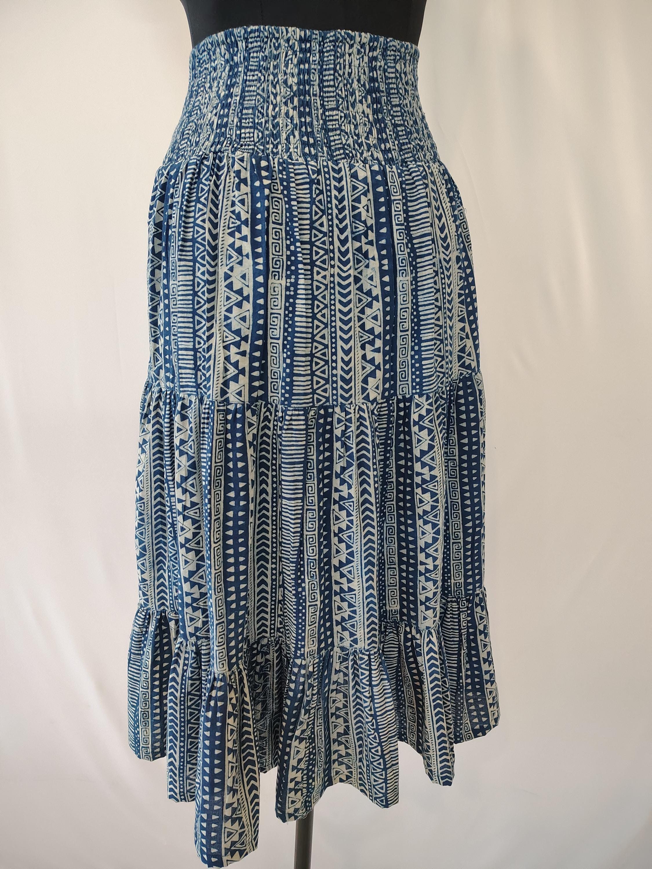 Indigo Block Print Cotton Midi Skirt: Handmade Tiered Summer Dress - Etsy