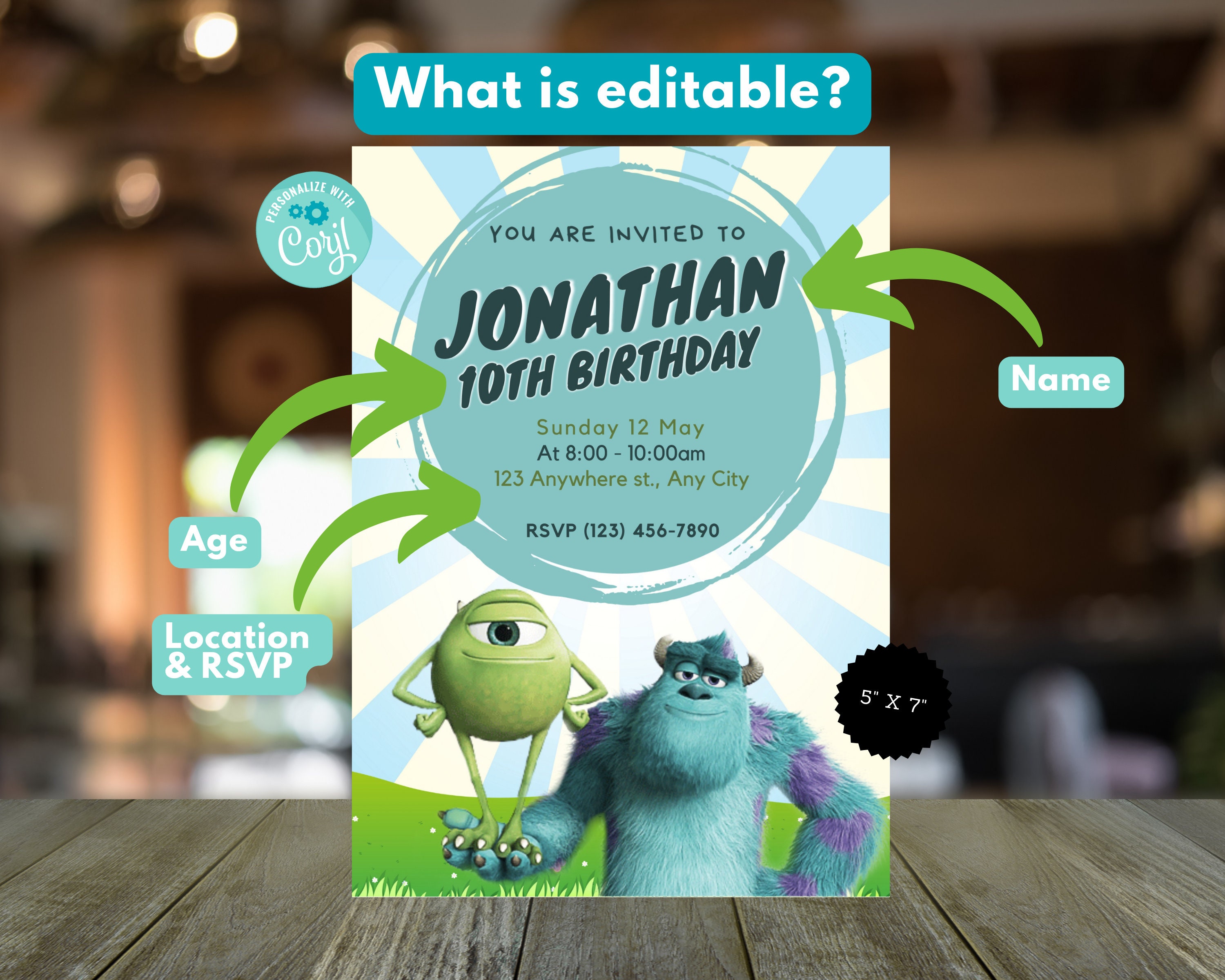 Printable Party Invite Personalized Monsters Inc Kids Birthday ...