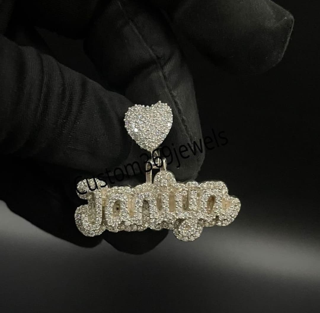 Iced Out Janiya Name With Heart Bail Pendant / White Gold Plated ...