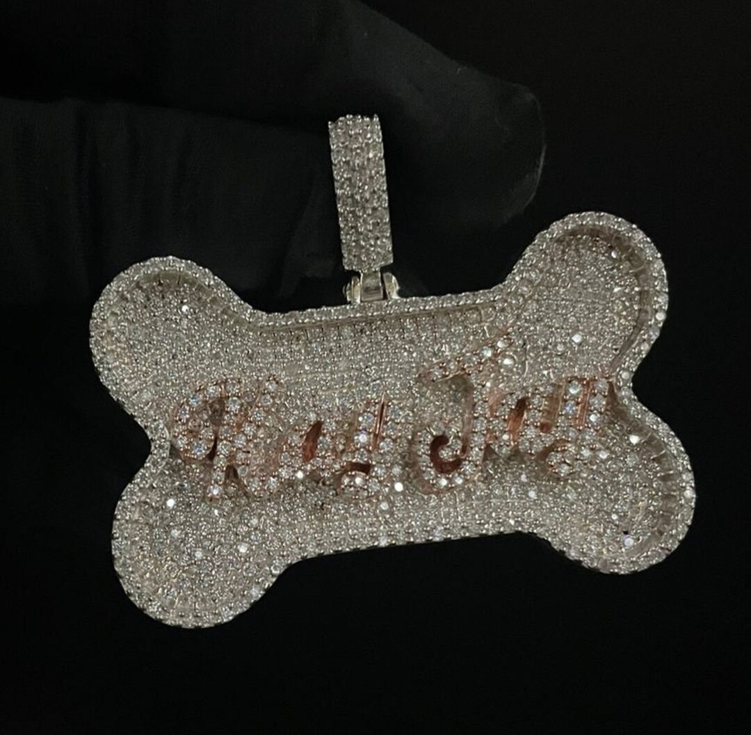 Iced Out Name in Dog Bone Pendant / Personalize Cursive Font Pendant ...