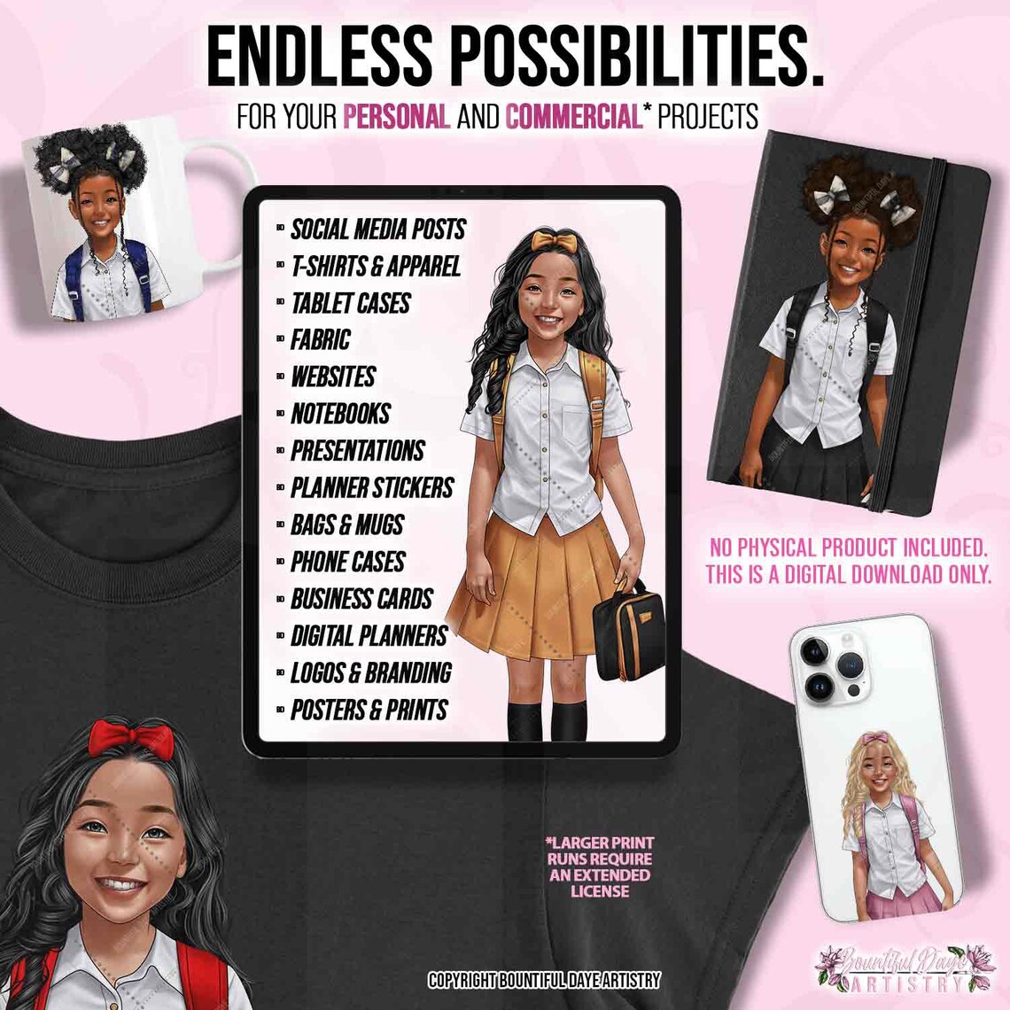 School Girl Clipart, Children Clipart, Fashion Girl Clipart, Student ...