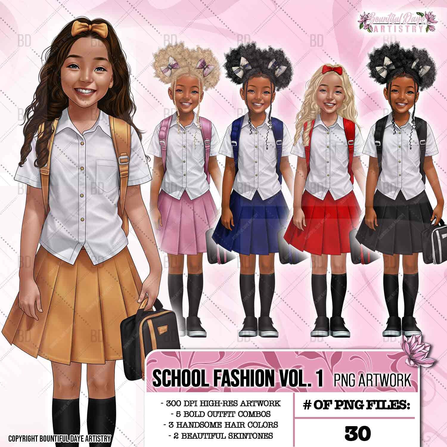 School Girl Clipart, Children Clipart, Fashion Girl Clipart, Student ...