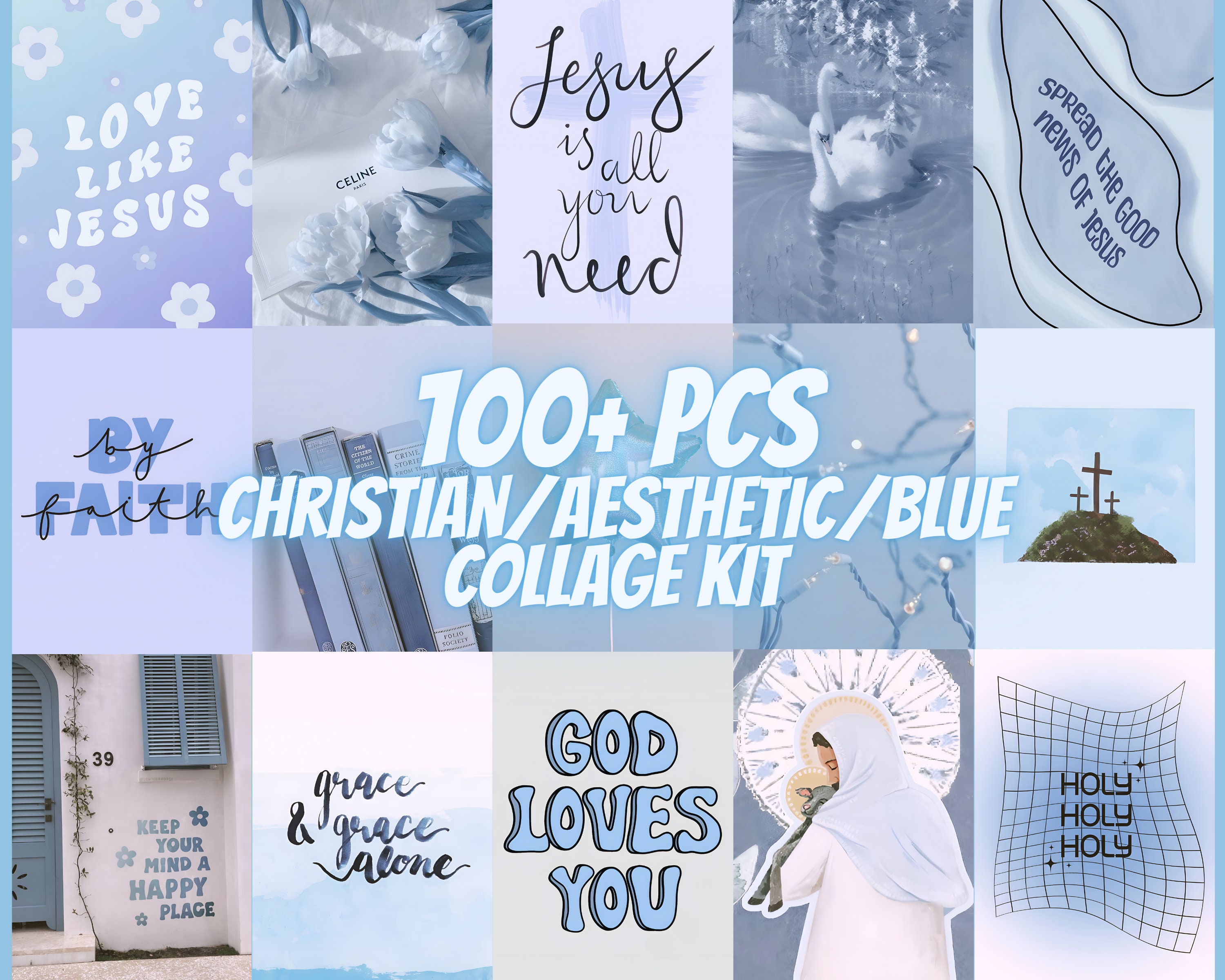 100 CHRISTIAN COLLAGE KIT Blue Collage Kit Christian Posters Christian ...