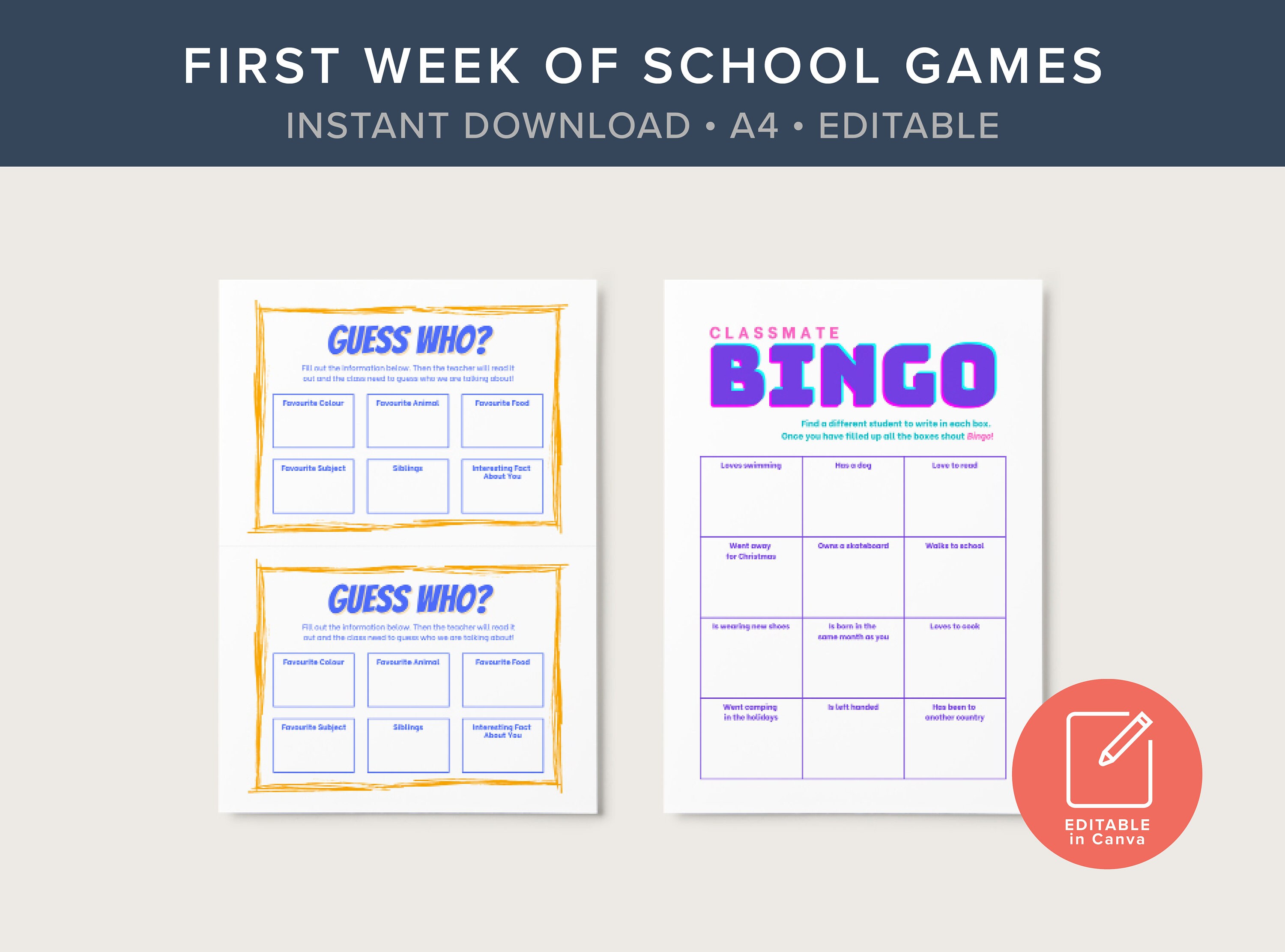 First Week of School Games, Classroom Bingo & Guess Who, INSTANT ...