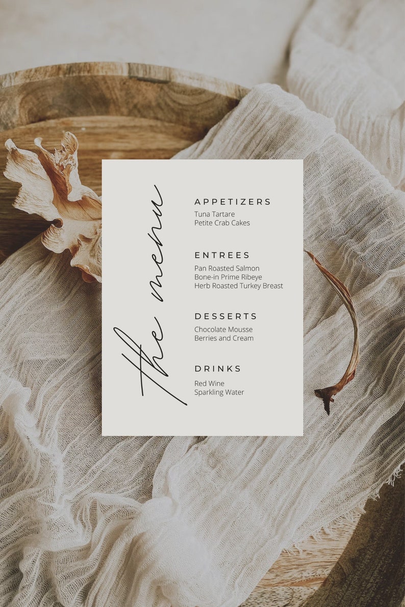 Minimalist Wedding Menu Template Modern Script Wedding Dinner Menu ...