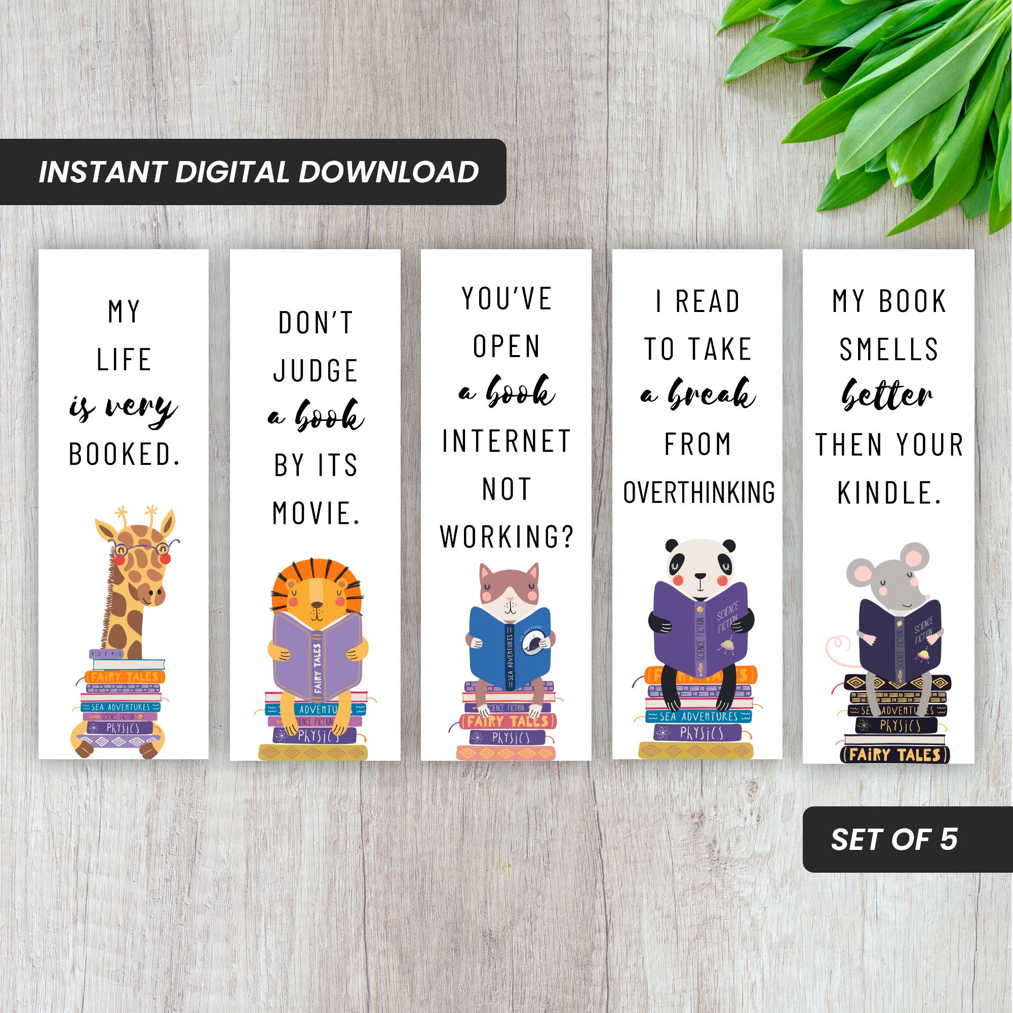 Funny Bookmarks Set of 5 Printable Bookmarks Instant Download Books ...