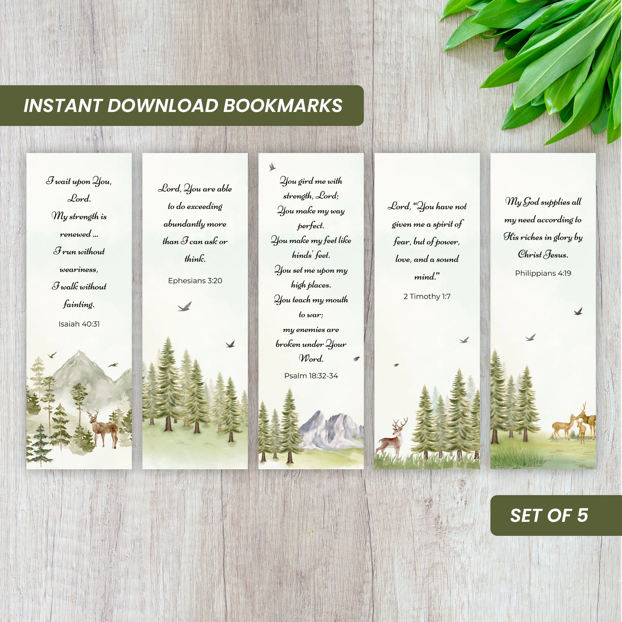 Bookmark Set of 5 Cute Printable Bookmarks With Bible Verse Large ...