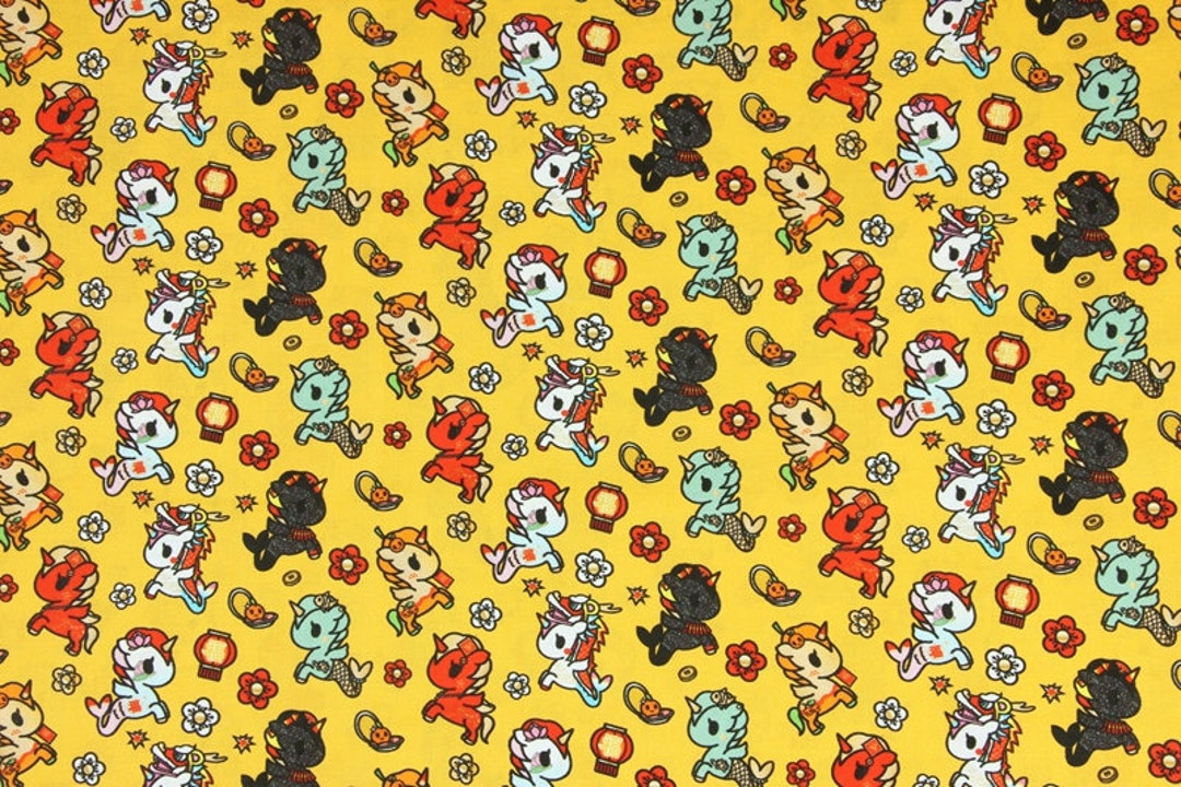 Tokidoki Fabric Yellow Sakura Flower Unicorn Fabric Japanese Anime ...