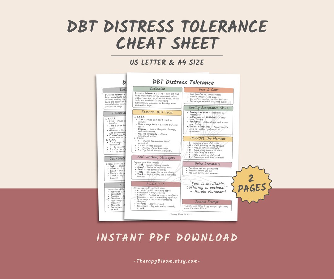 DBT Distress Tolerance Skills Cheat Sheet PDF, Therapy Worksheet ...