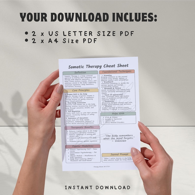 Somatic Therapy Cheat Sheet: Trauma-informed Somatic Tools (printable ...