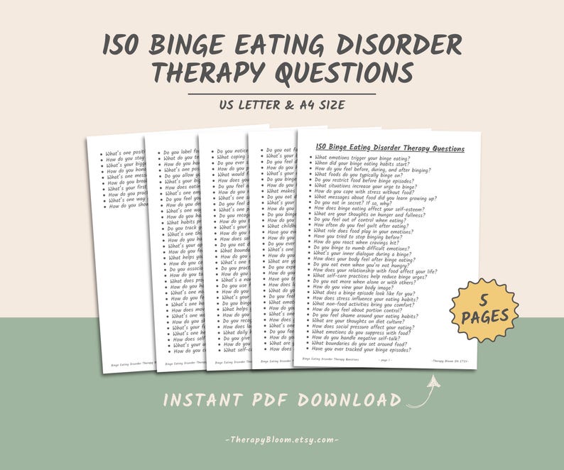 Binge Eating Disorder Therapy Questions: Self-reflection Journal (PDF ...