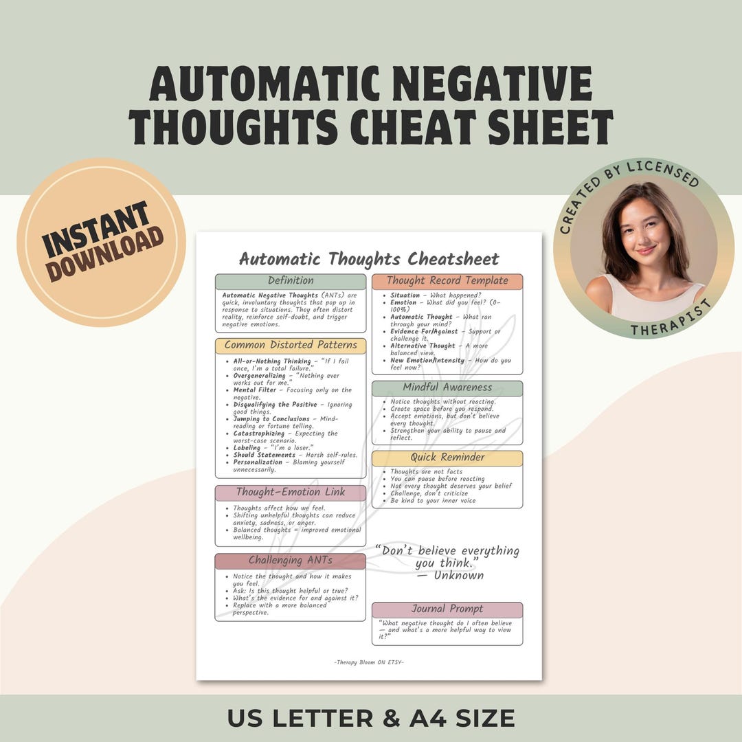 Automatic Negative Thoughts Cheatsheet: CBT Thought Record (printable ...